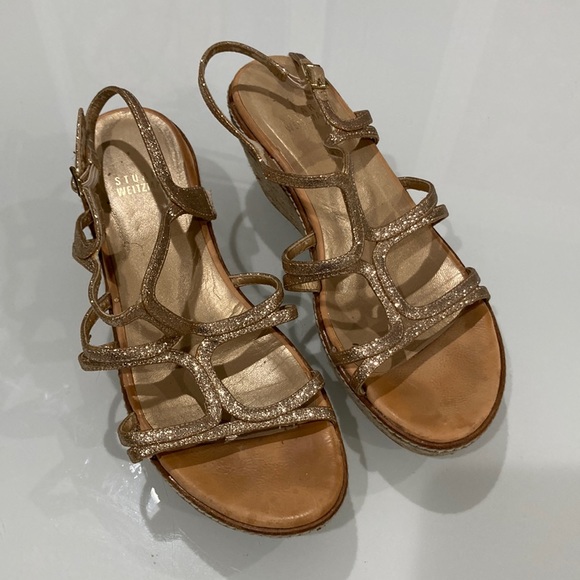 Stuart Weitzman | Shoes | Stuart Weitzman Gold Glitter Cork Wedge ...